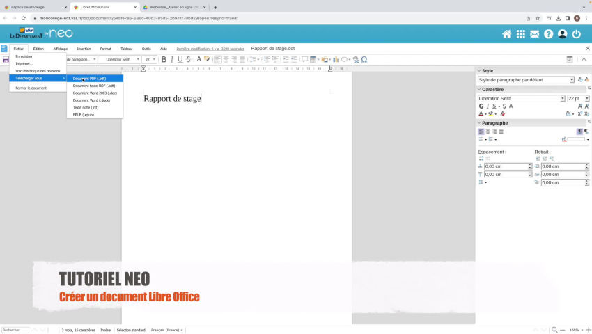 Tutoriel ENT NEO - Créer un document Libre Office Online (type Word ...